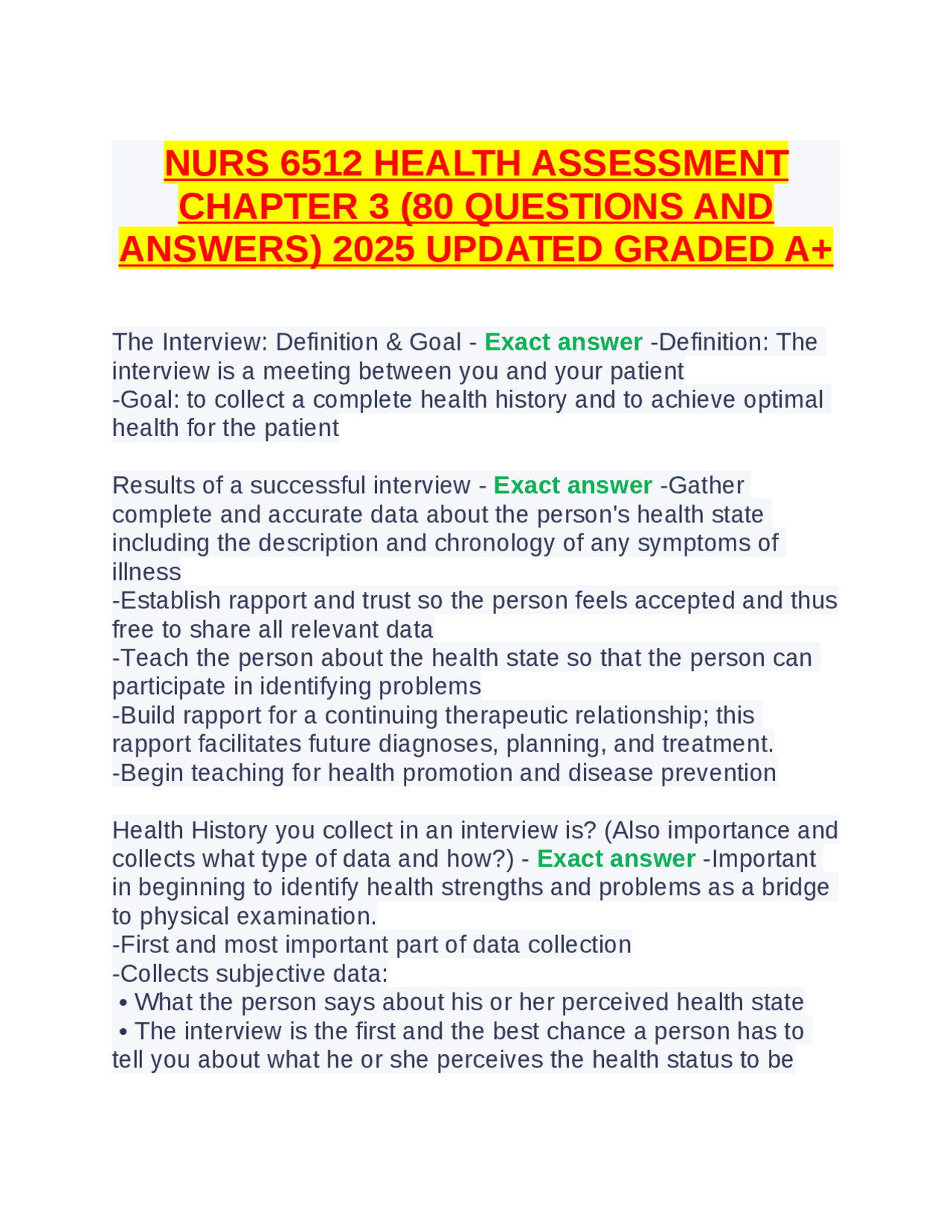 NURS 6512 HEALTH ASSESSMENT CHAPTER 3 (80 QUESTIONS AND ANSWERS) 2025 ...