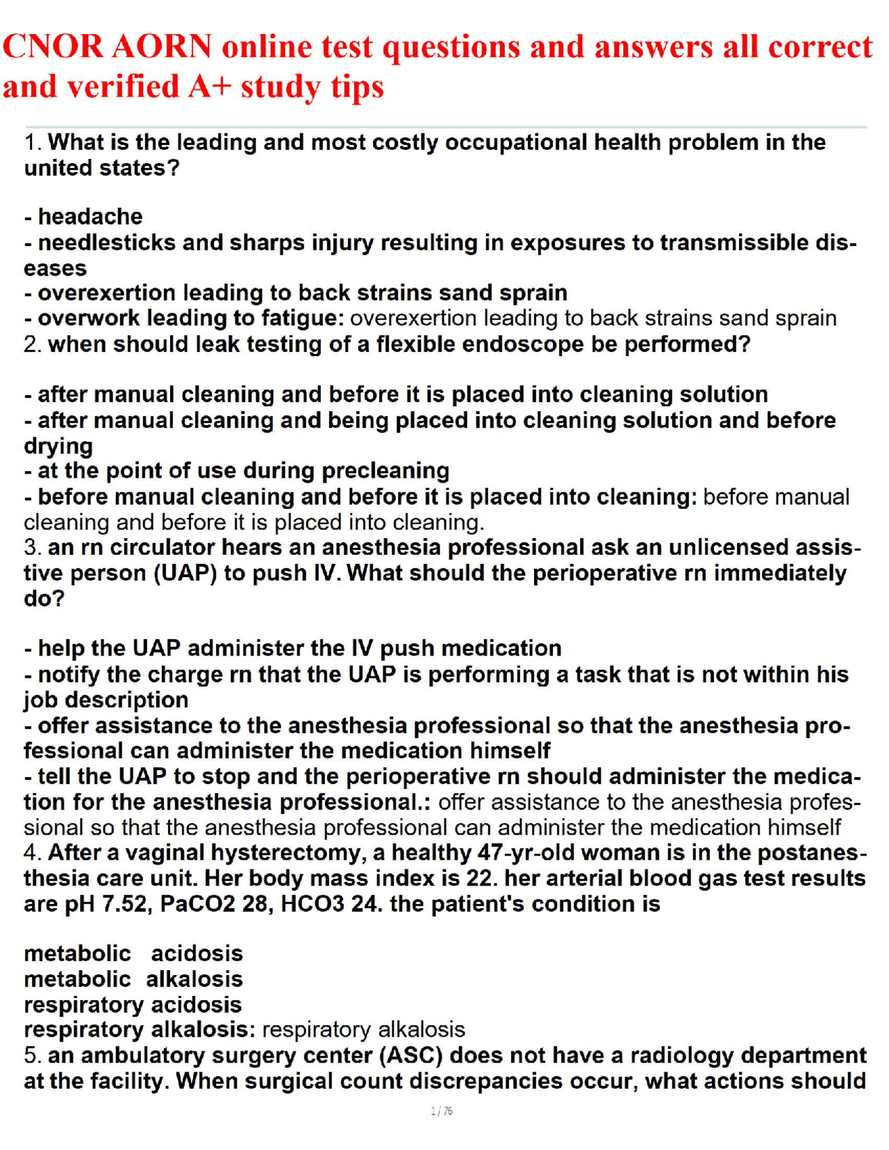 CNOR AORN online test questions and answers all correct and verified A+ ...