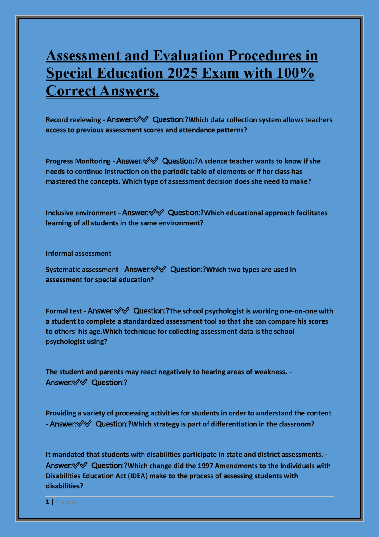 Assessment and Evaluation Procedures in Special Education: Exam with ...