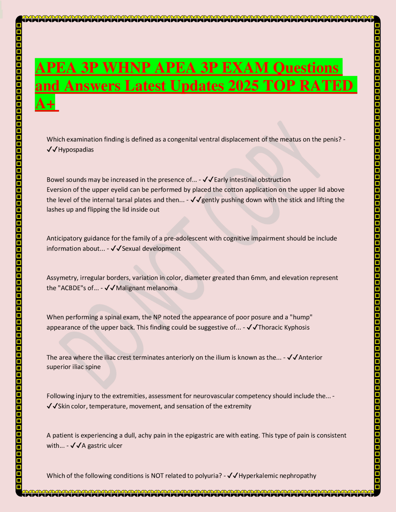 APEA 3P WHNP APEA 3P EXAM Questions and Answers Latest Updates 2025 TOP ...