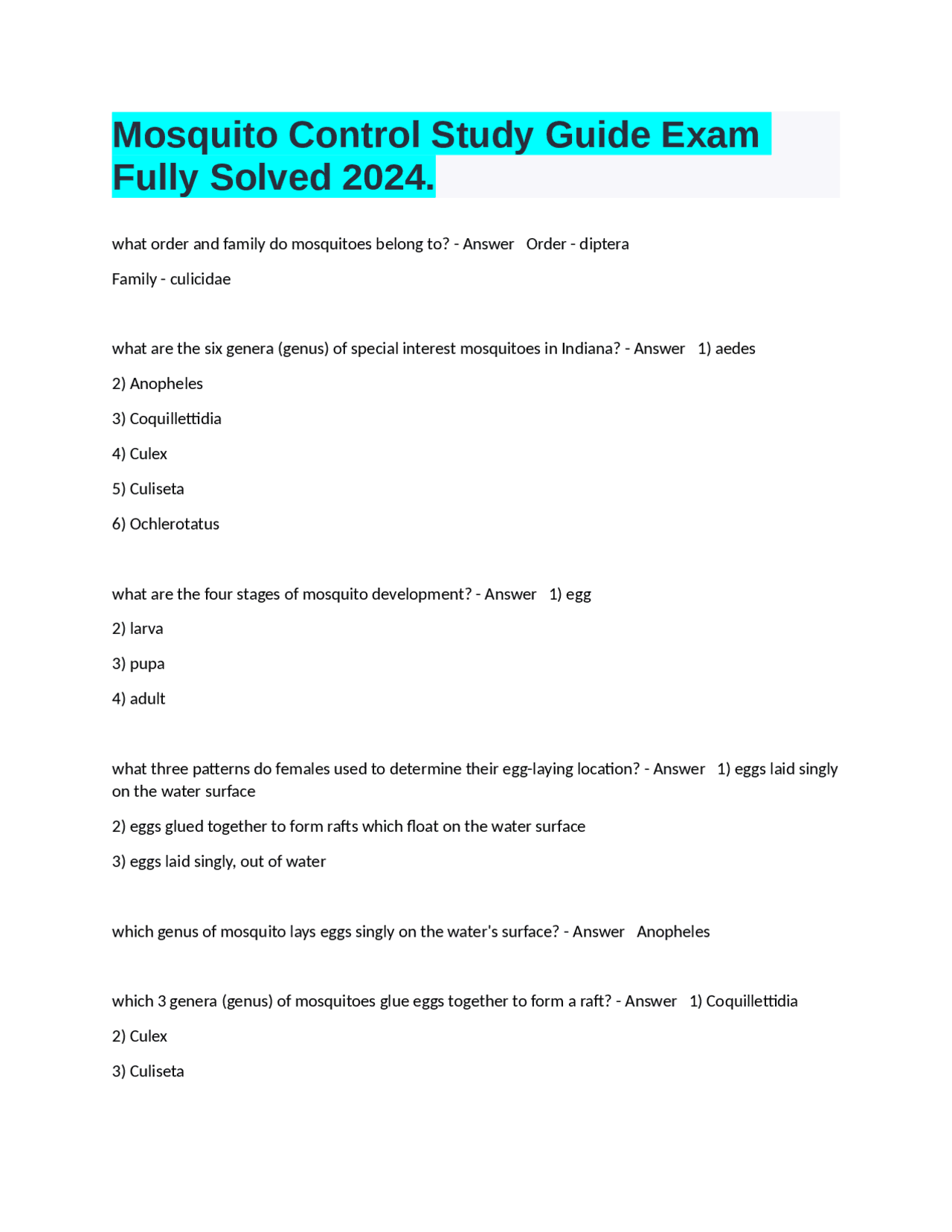 Mosquito Control Study Guide Exam Fully Solved 2024. | Exams Pest ...