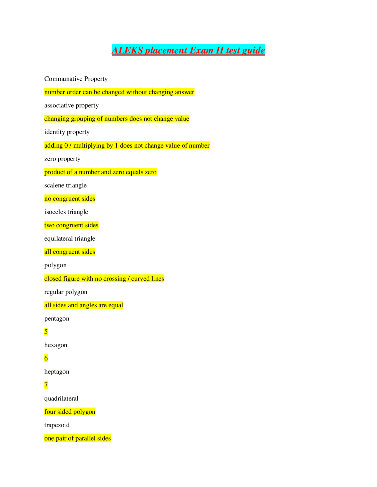 ALEKS Placement Exam II Test Guide: Math Concepts and Formulas ...
