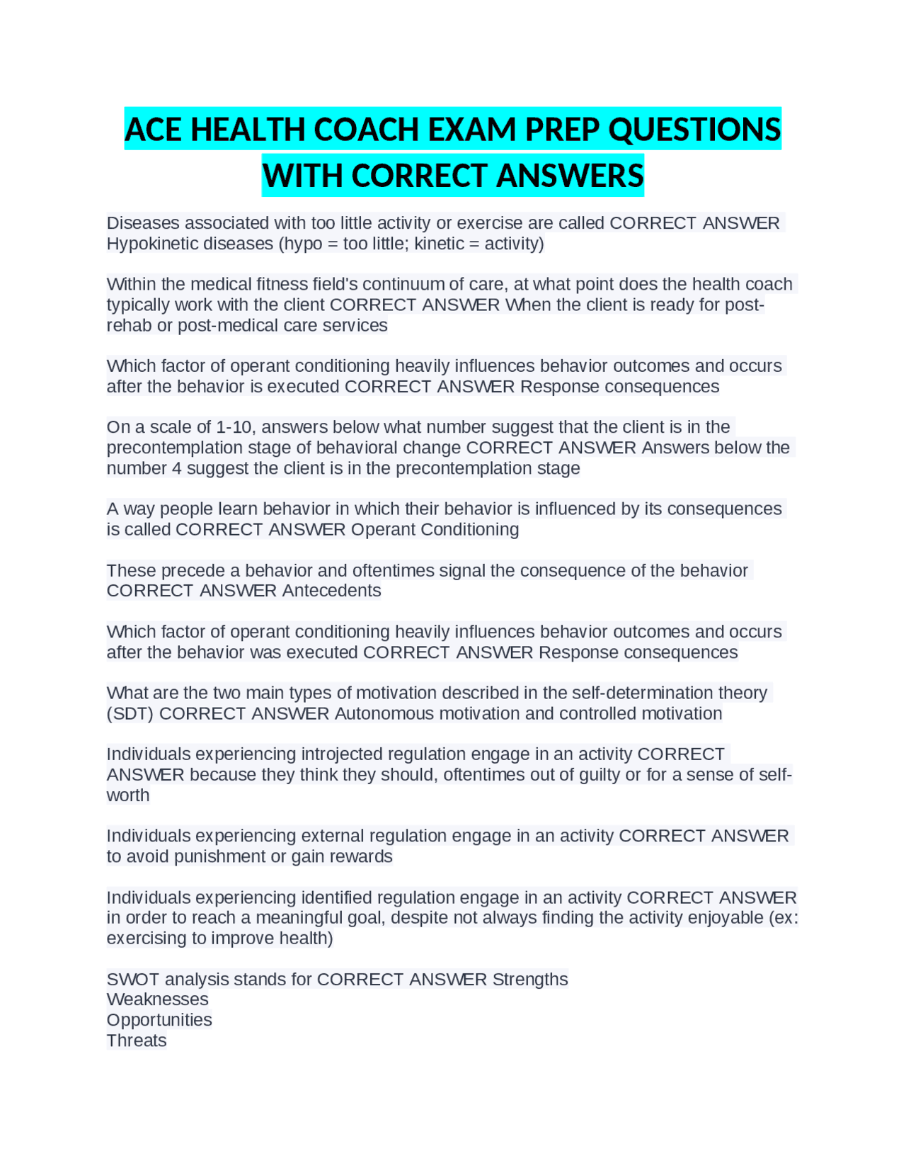 ACE Health Coach Exam Prep Questions and Answers | Exams Advanced ...