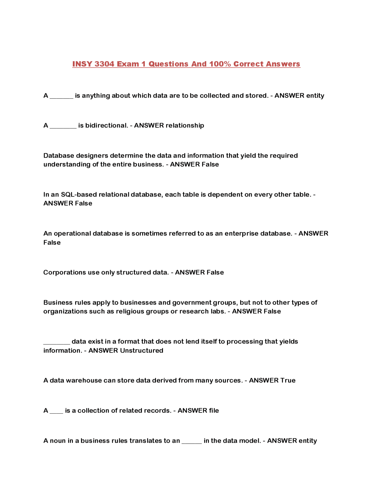 INSY 3304 Exam 1 Questions And 100% Correct Answers | Exams Advanced Education | Docsity