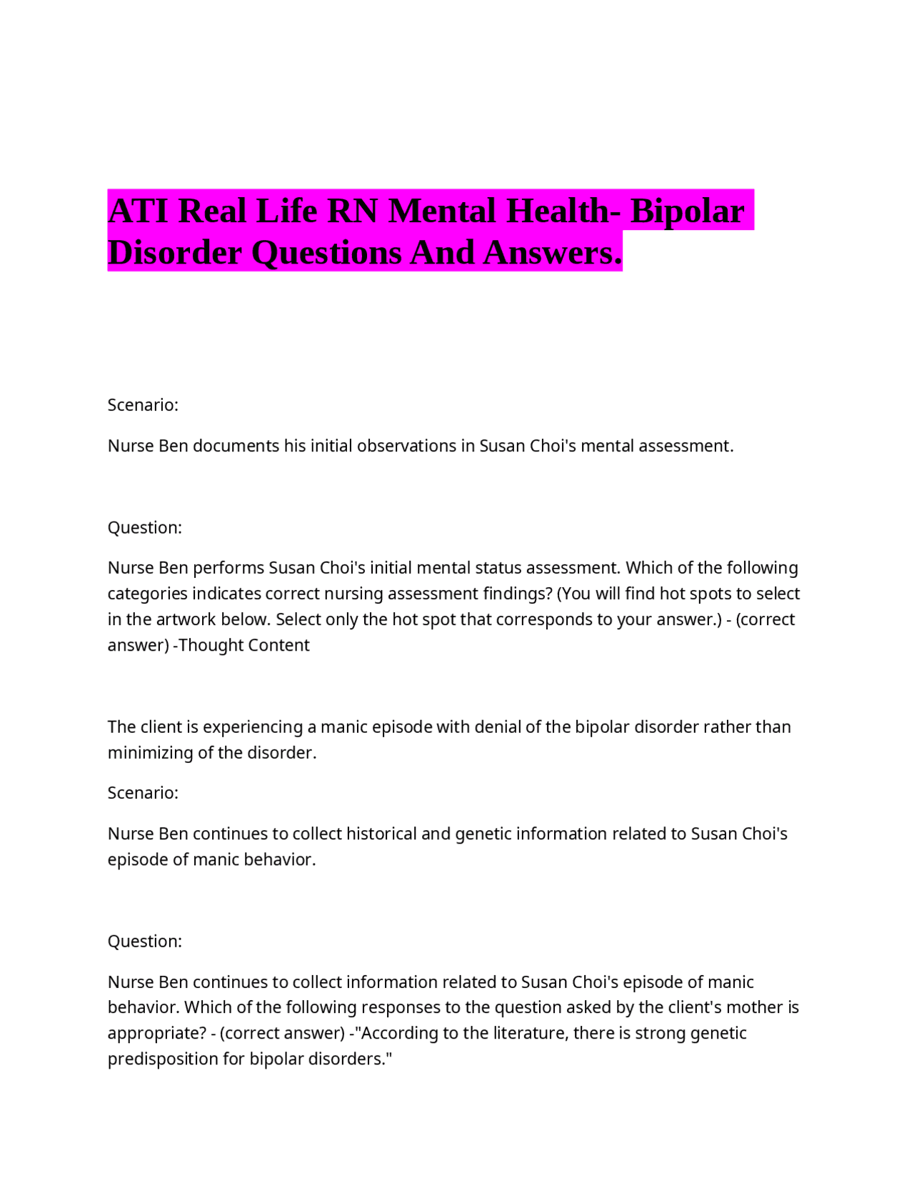 ATI Real Life RN Mental Health - Bipolar Disorder: Questions and ...