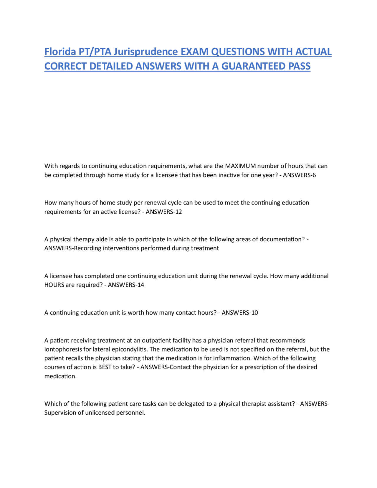 Florida PT/PTA Jurisprudence Exam Questions and Answers | Exams Nursing | Docsity