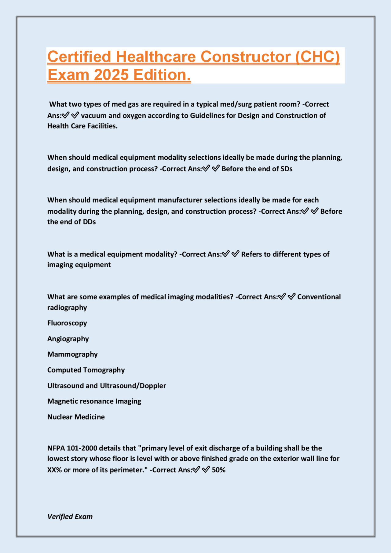 Certified Healthcare Constructor (CHC) Exam Questions and Answers ...