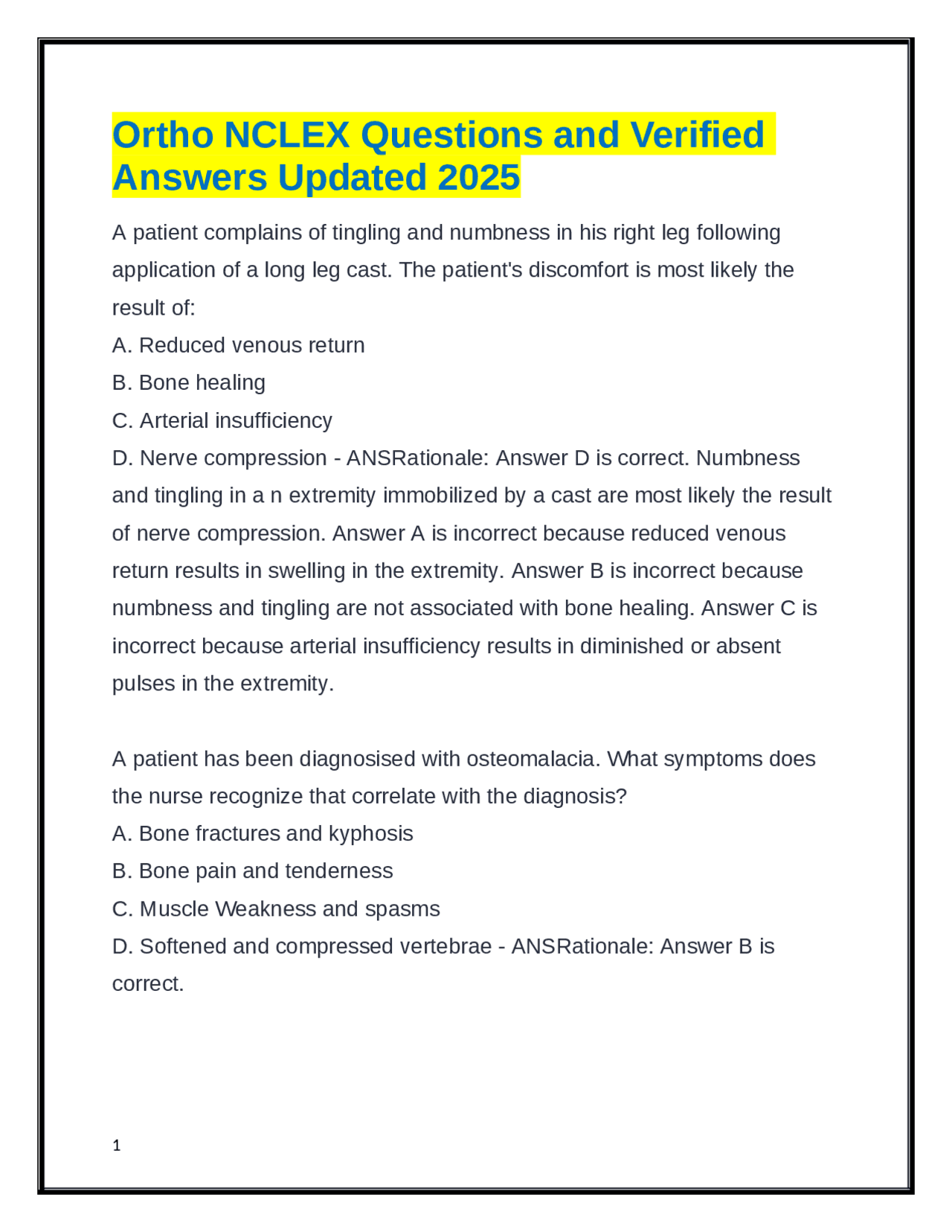 Ortho NCLEX Questions and Verified Answers Updated 2025 | Exams ...