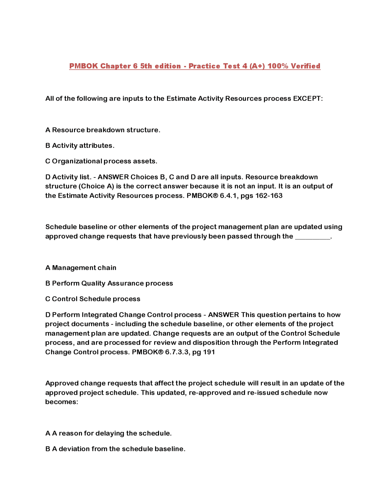 PMBOK Chapter 6 5th edition - Practice Test 4 (A+) 100% Verified ...