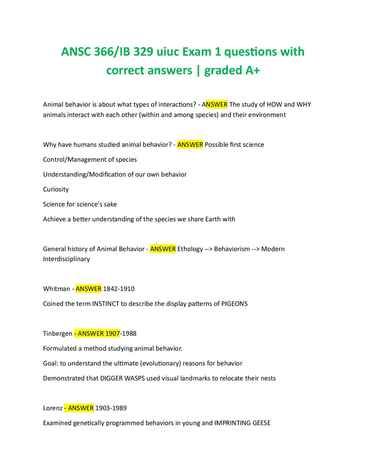 Animal Behavior Exam 1 Questions and Answers: ANSC 366/IB 329 uiuc ...