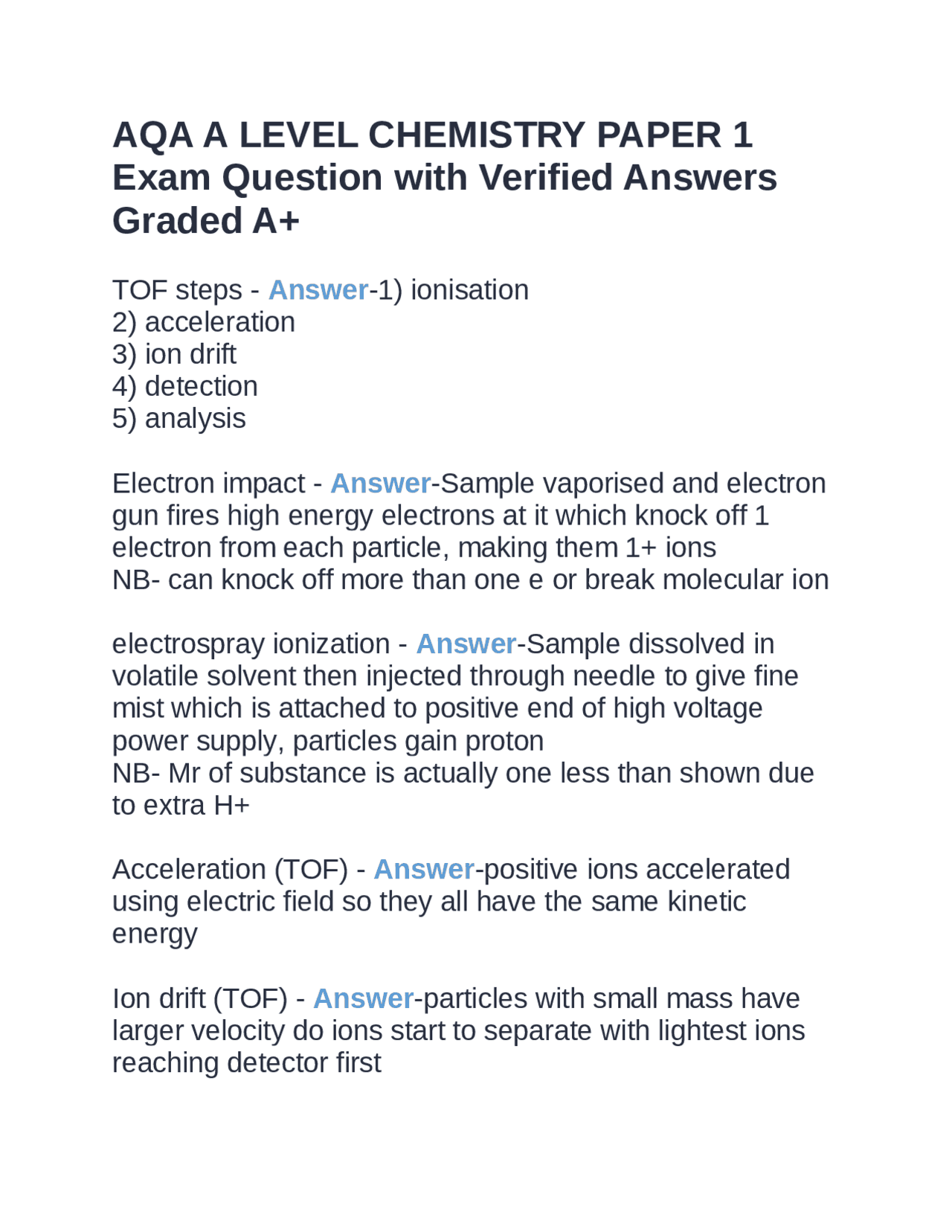 AQA A LEVEL CHEMISTRY PAPER 1 Exam Question with Verified Answers ...