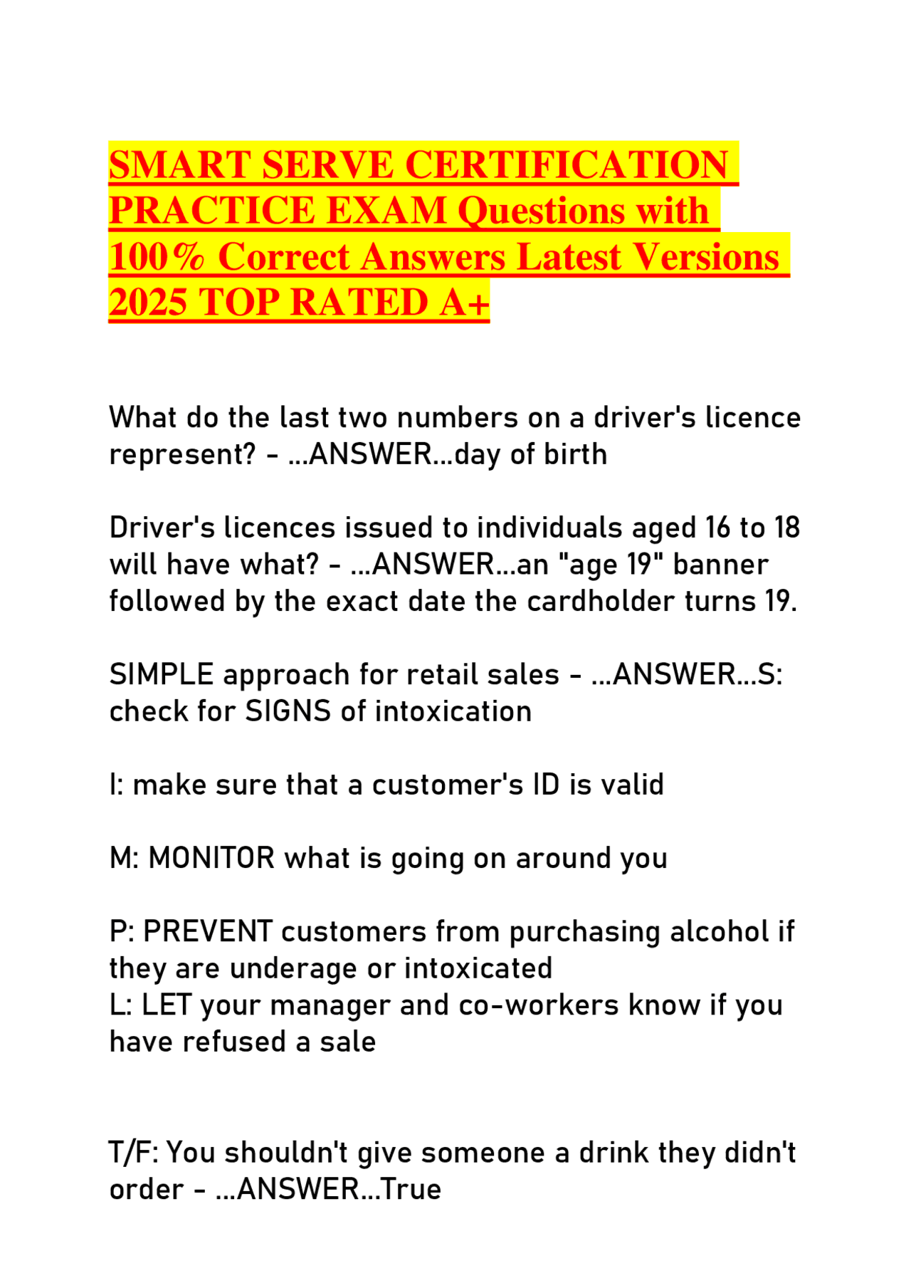 SMART SERVE Certification Practice Exam Questions and Answers | Exams ...