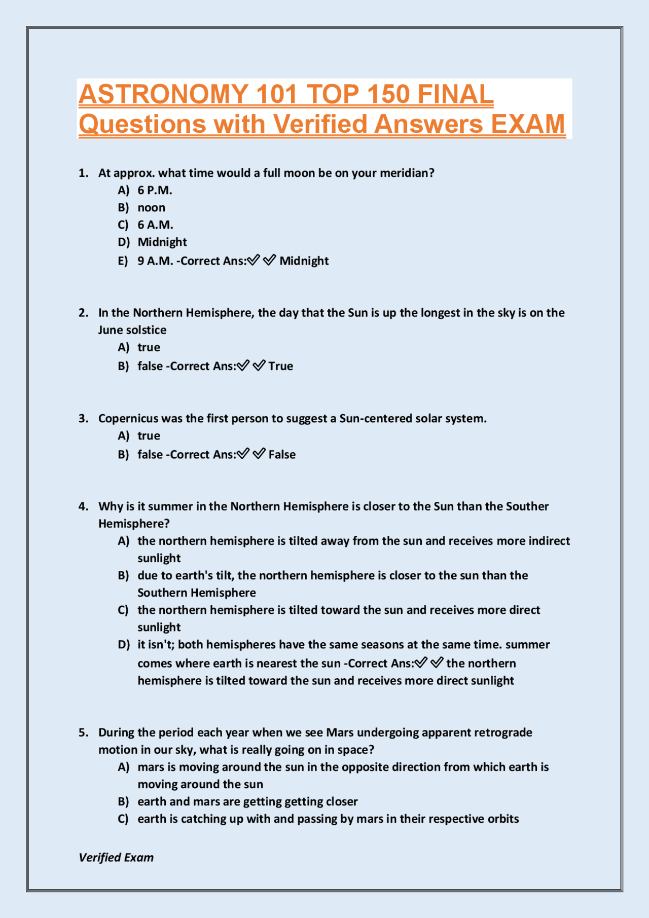 Astronomy 101 Final Exam: Top 150 Questions with Verified Answers ...