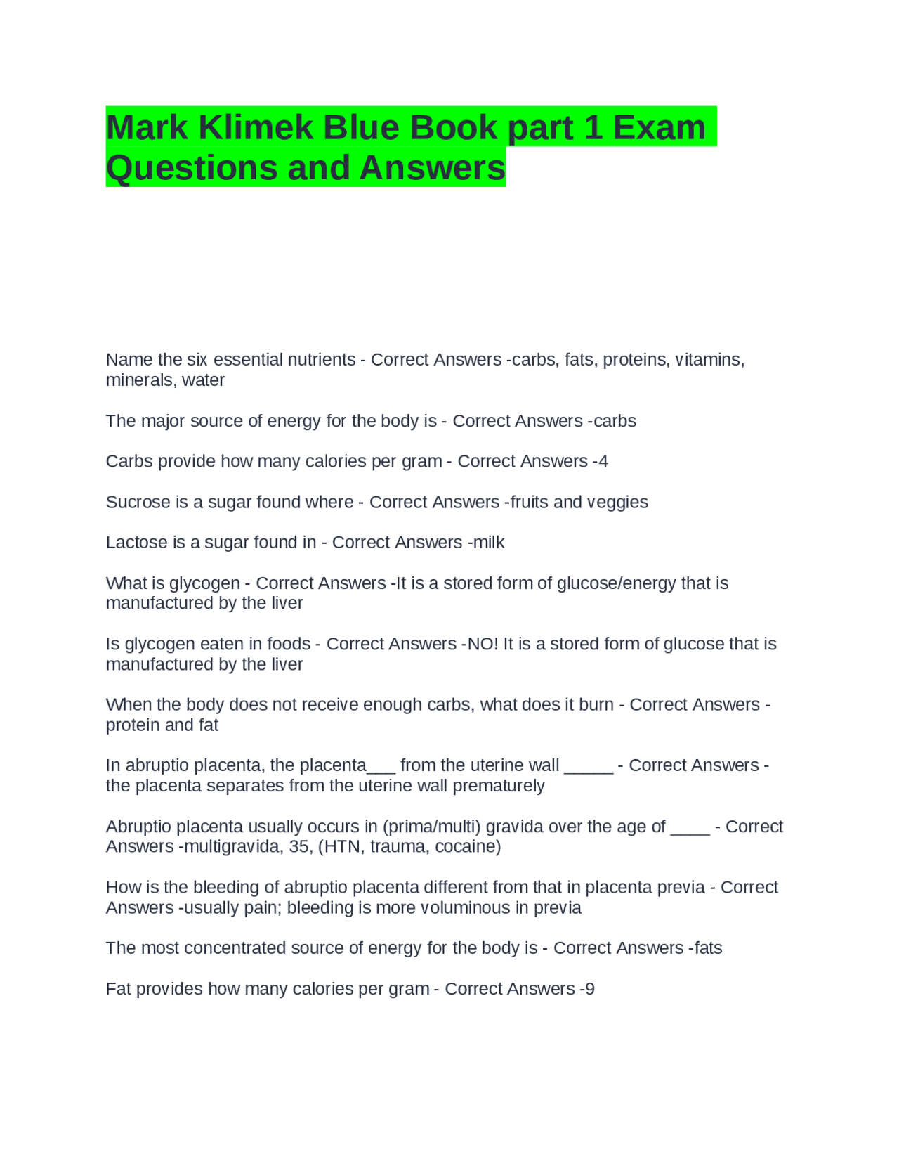 Mark Klimek Blue Book part 1 Exam Questions and Answers | Latest ...