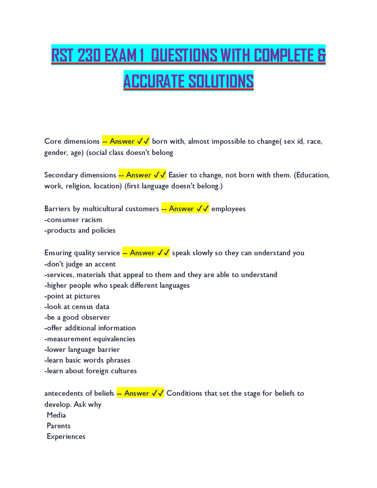 RST 230 Exam 1: Questions and Answers on Diversity, Inclusion, and ...