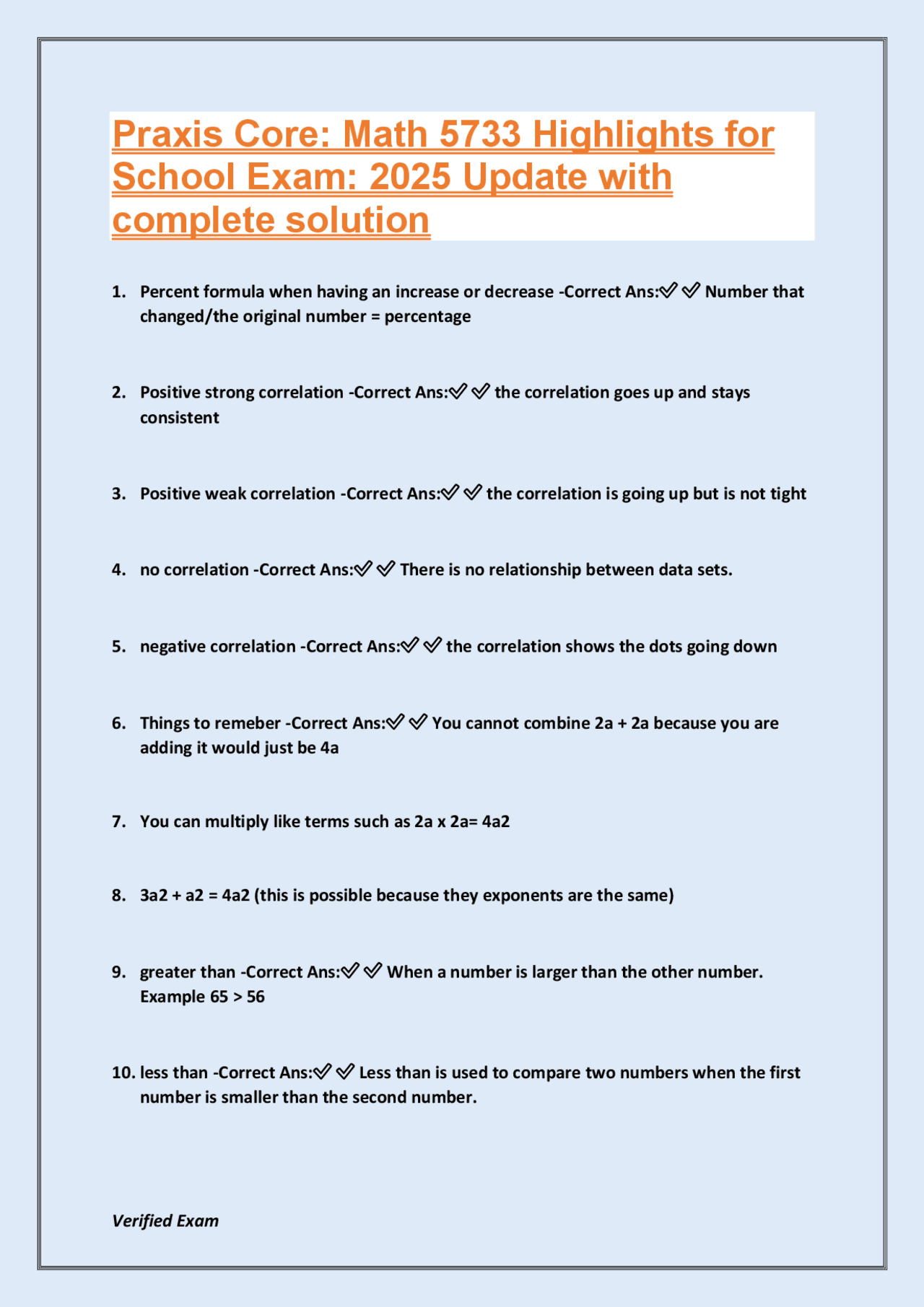 Praxis Core Math 5733 Highlights: 2025 Update with Complete Solutions ...