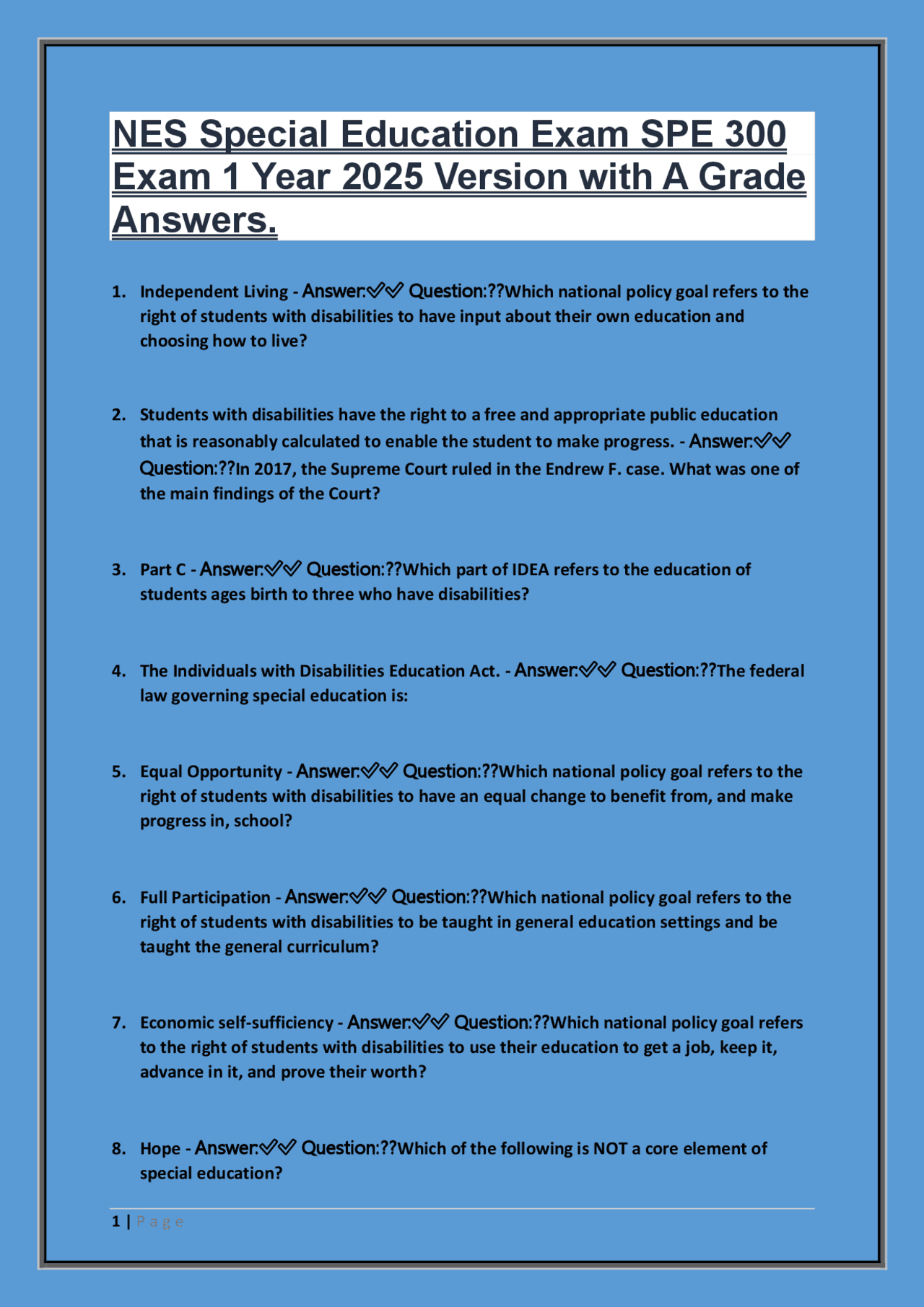 NES Special Education Exam SPE 300 Exam 1 Year 2025 Version with A ...