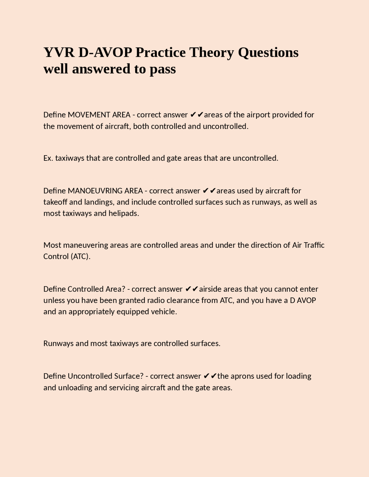 YVR D-AVOP Practice Theory Questions: Airside Operations and Safety ...