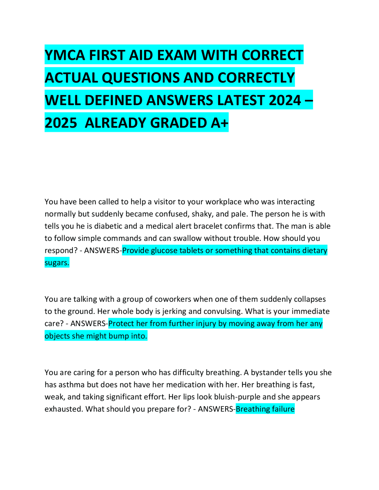 YMCA FIRST AID EXAM WITH CORRECT ACTUAL QUESTIONS AND CORRECTLY WELL ...