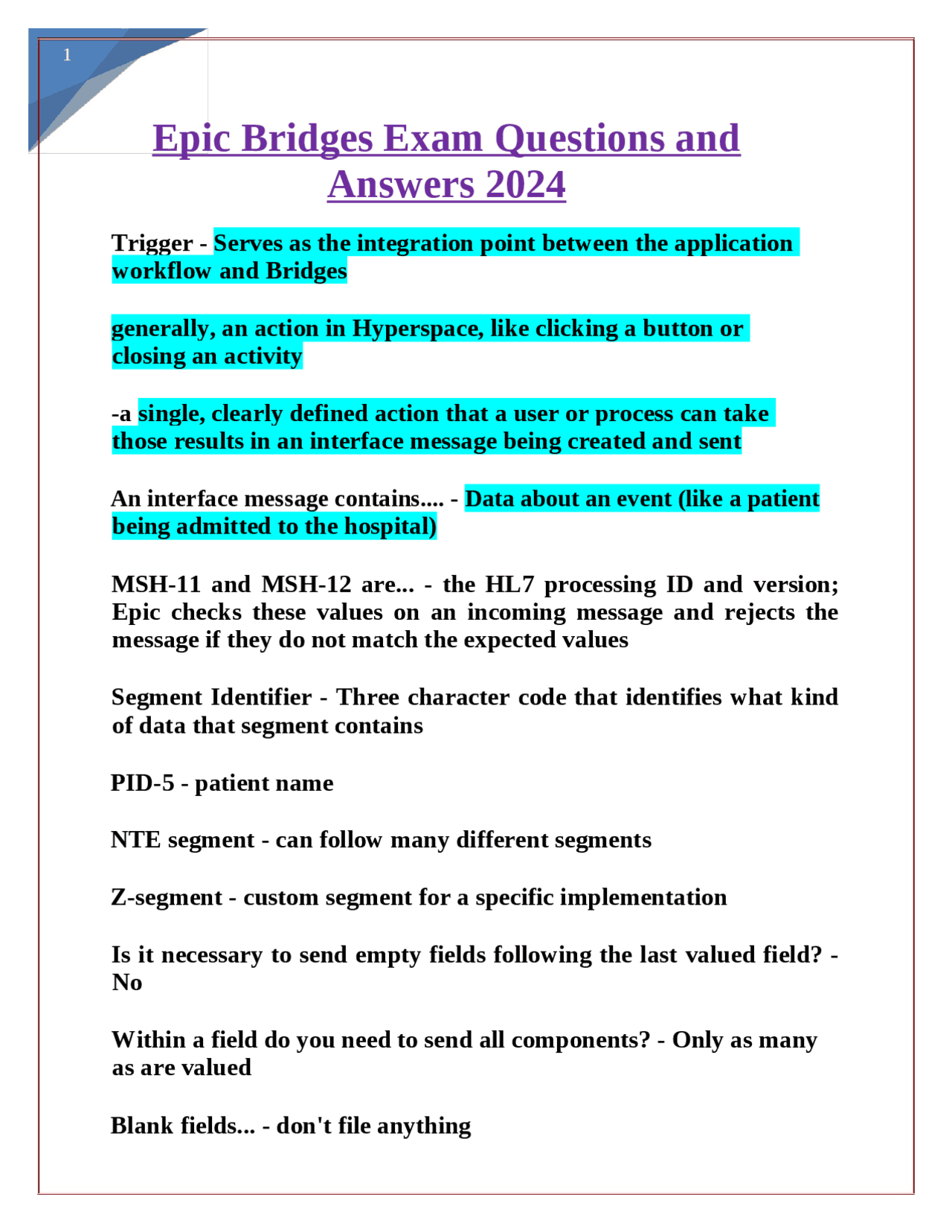 Epic Bridges Exam Guide: Interface Message Flow and Processing | Exams Nursing | Docsity