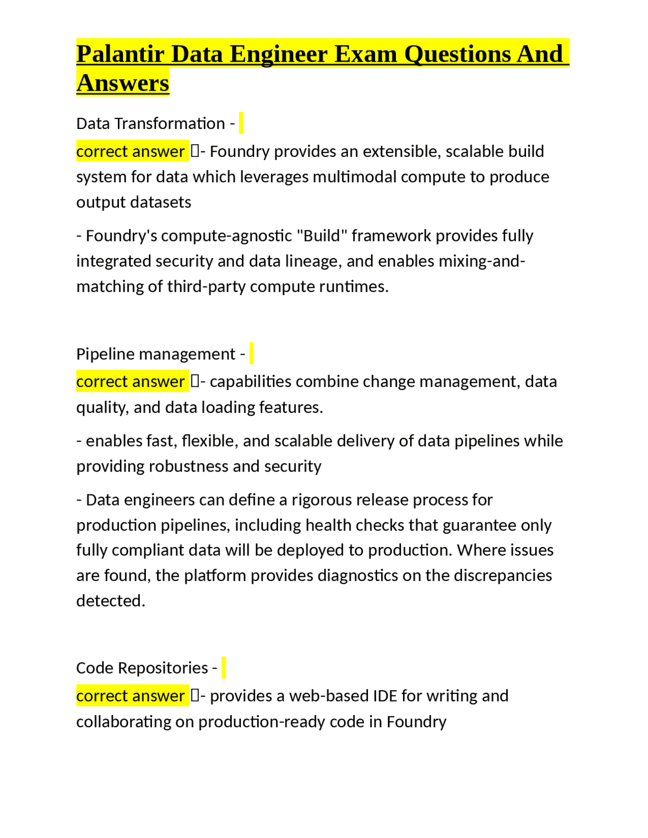 Palantir Data Engineer Exam Questions And Answers | Exams Database Programming | Docsity