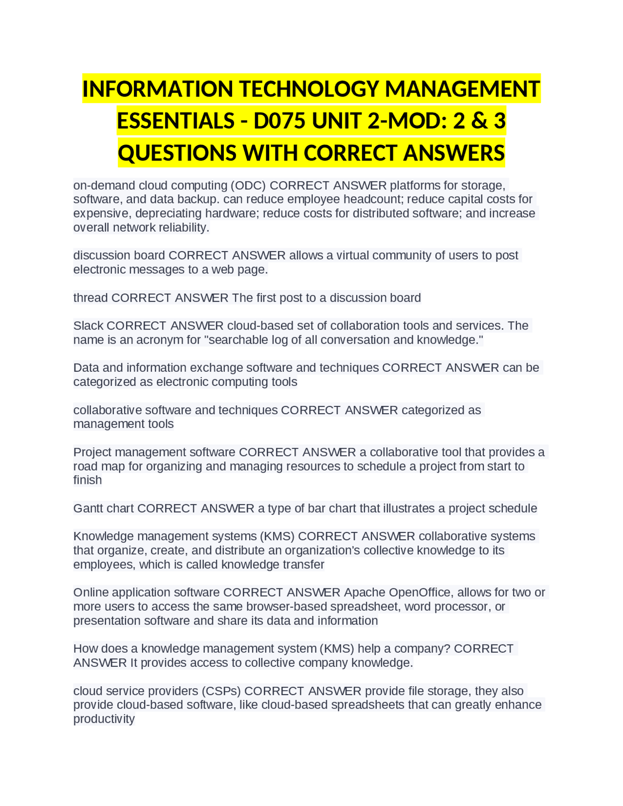 Information Technology Management Essentials: Unit 2 - Modules 2 & 3 Questions and Answers ...