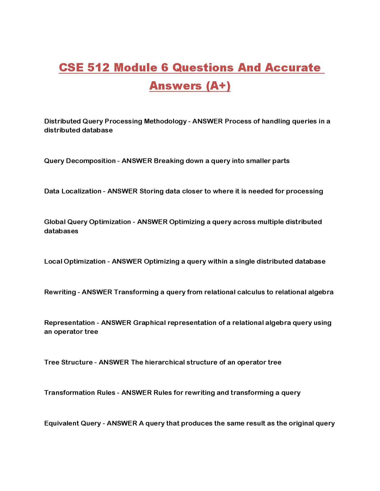 Cse 512 Module 6 Distributed Query Processing Questions And Answers Exams Advanced