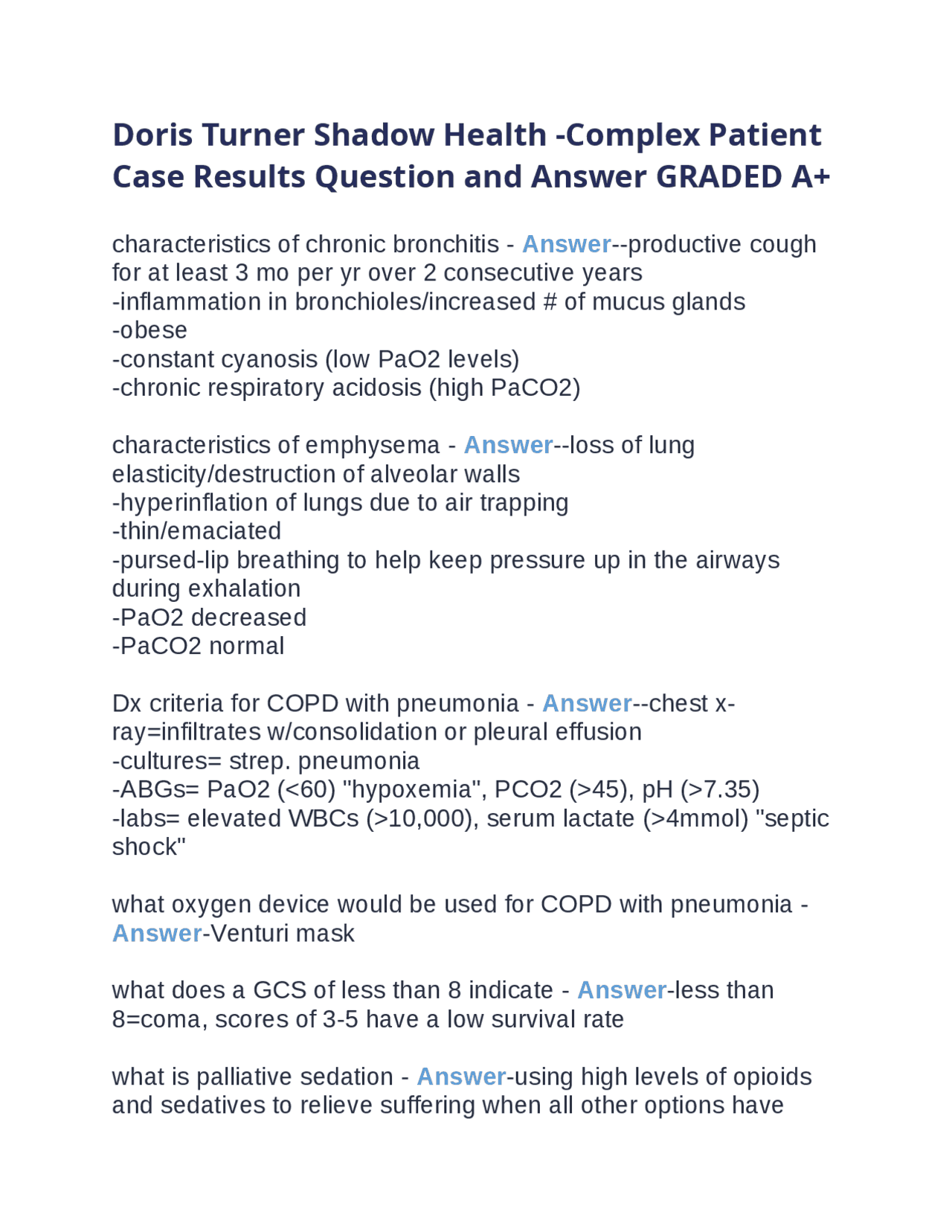 Doris Turner Shadow Health -Complex Patient Case Results Question and ...