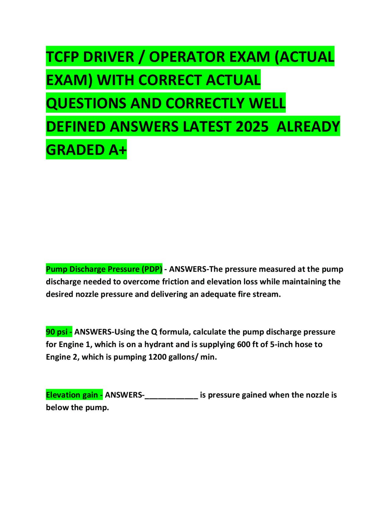 TCFP DRIVER / OPERATOR EXAM (ACTUAL EXAM) WITH CORRECT ACTUAL QUESTIONS ...