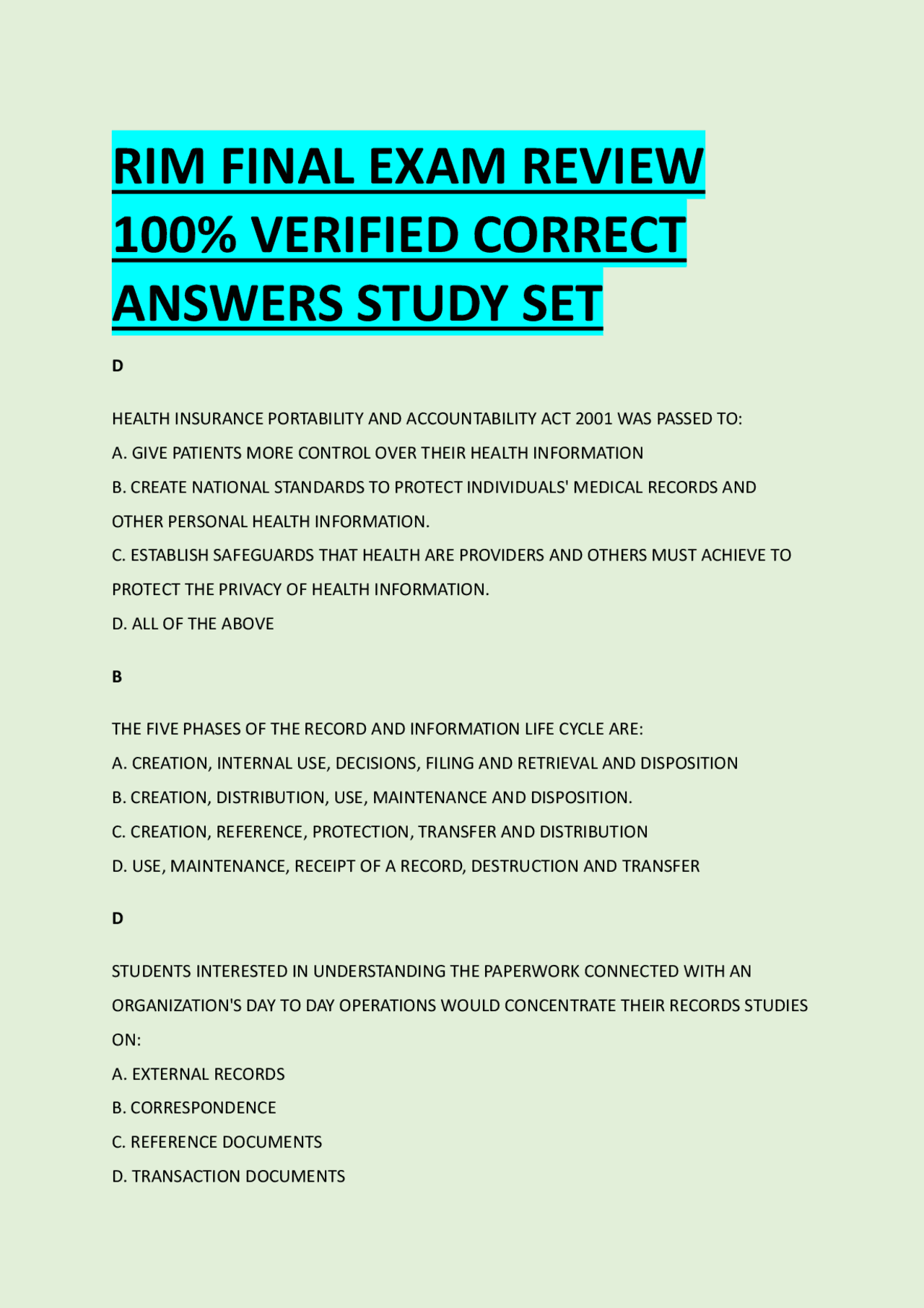 RIM FINAL EXAM REVIEW 100% VERIFIED CORRECT ANSWERS STUDY SET | Exams ...