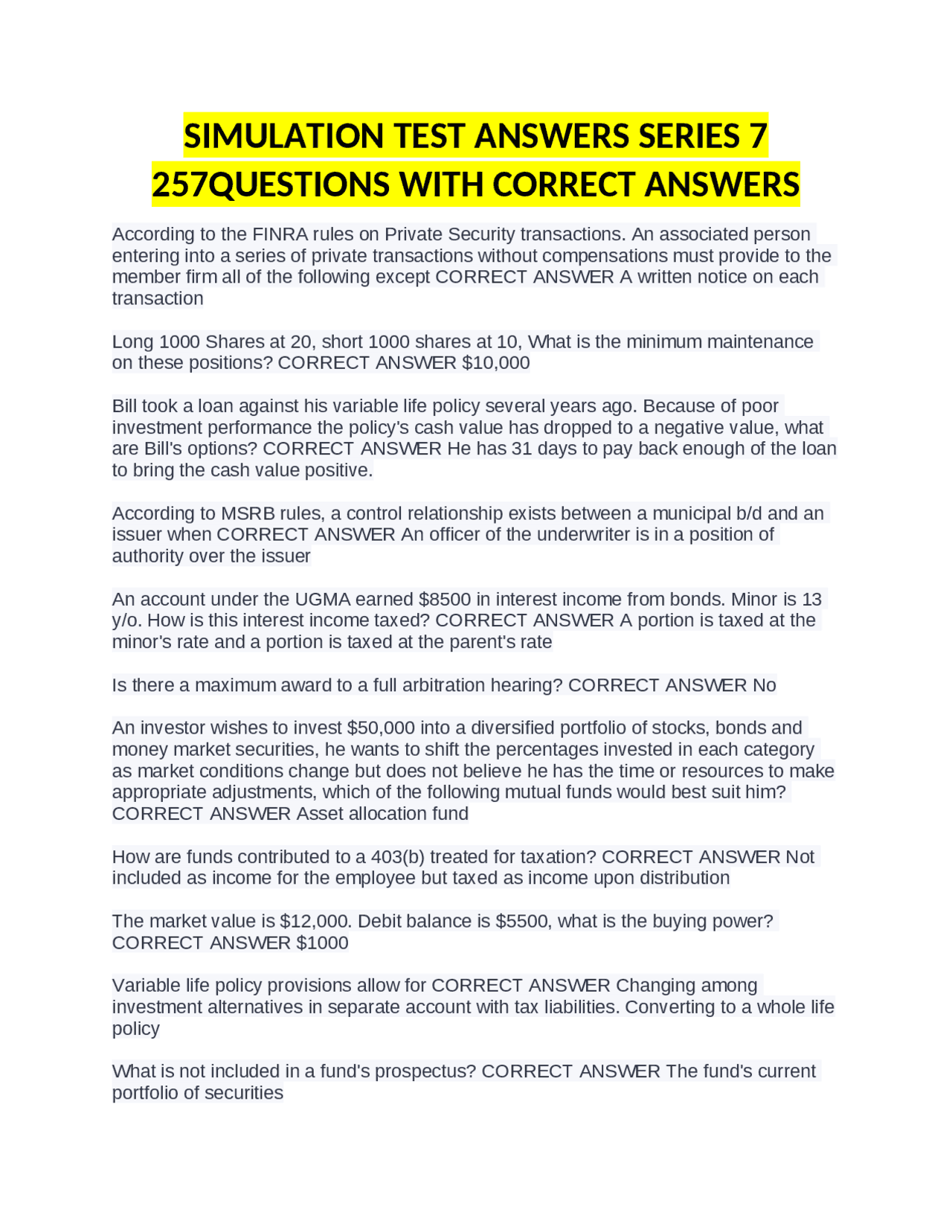 SIMULATION TEST ANSWERS SERIES 7 257QUESTIONS WITH CORRECT ANSWERS ...