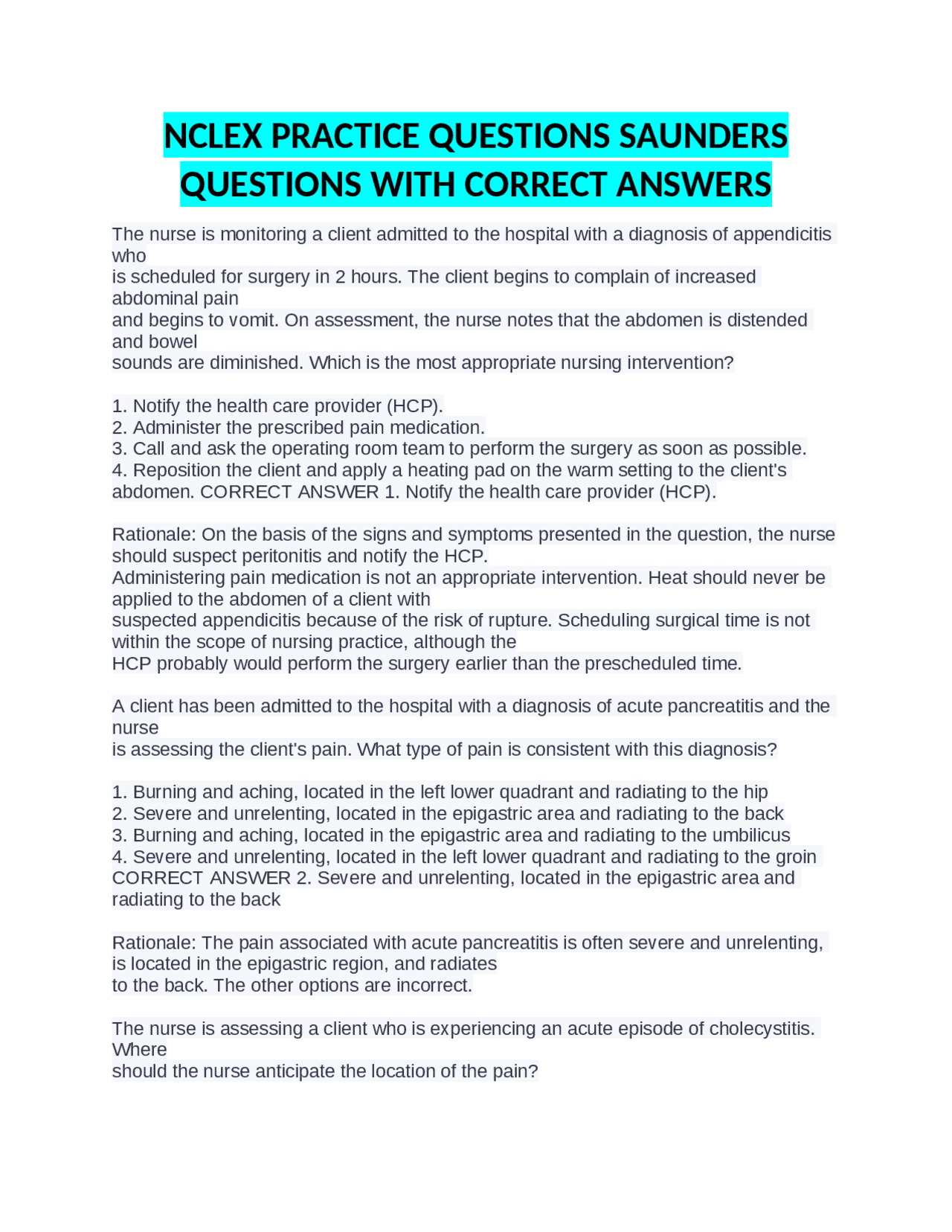 NCLEX PRACTICE QUESTIONS SAUNDERS QUESTIONS WITH CORRECT ANSWERS ...
