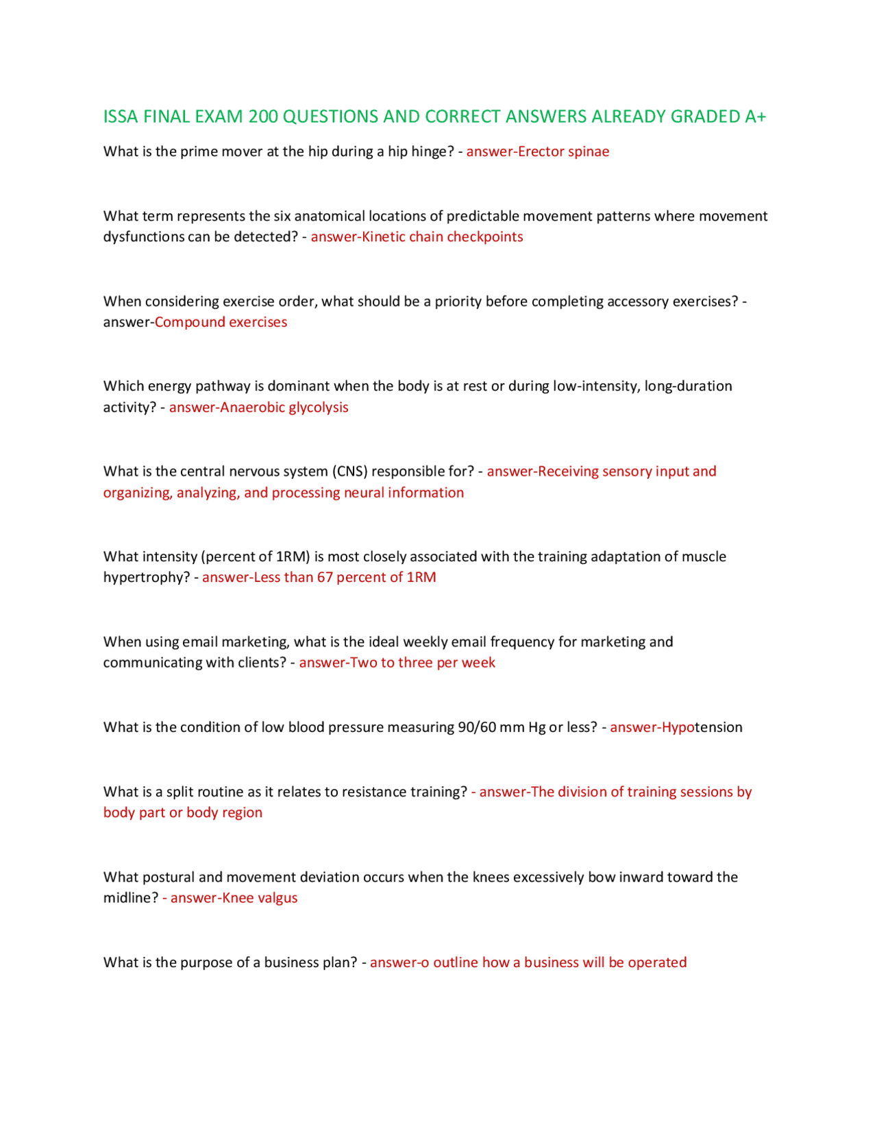 ISSA Final Exam: 200 Questions and Answers for Fitness Professionals ...