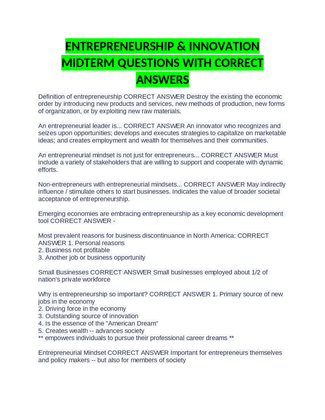Entrepreneurship & Innovation: Midterm Questions and Answers | Exams ...