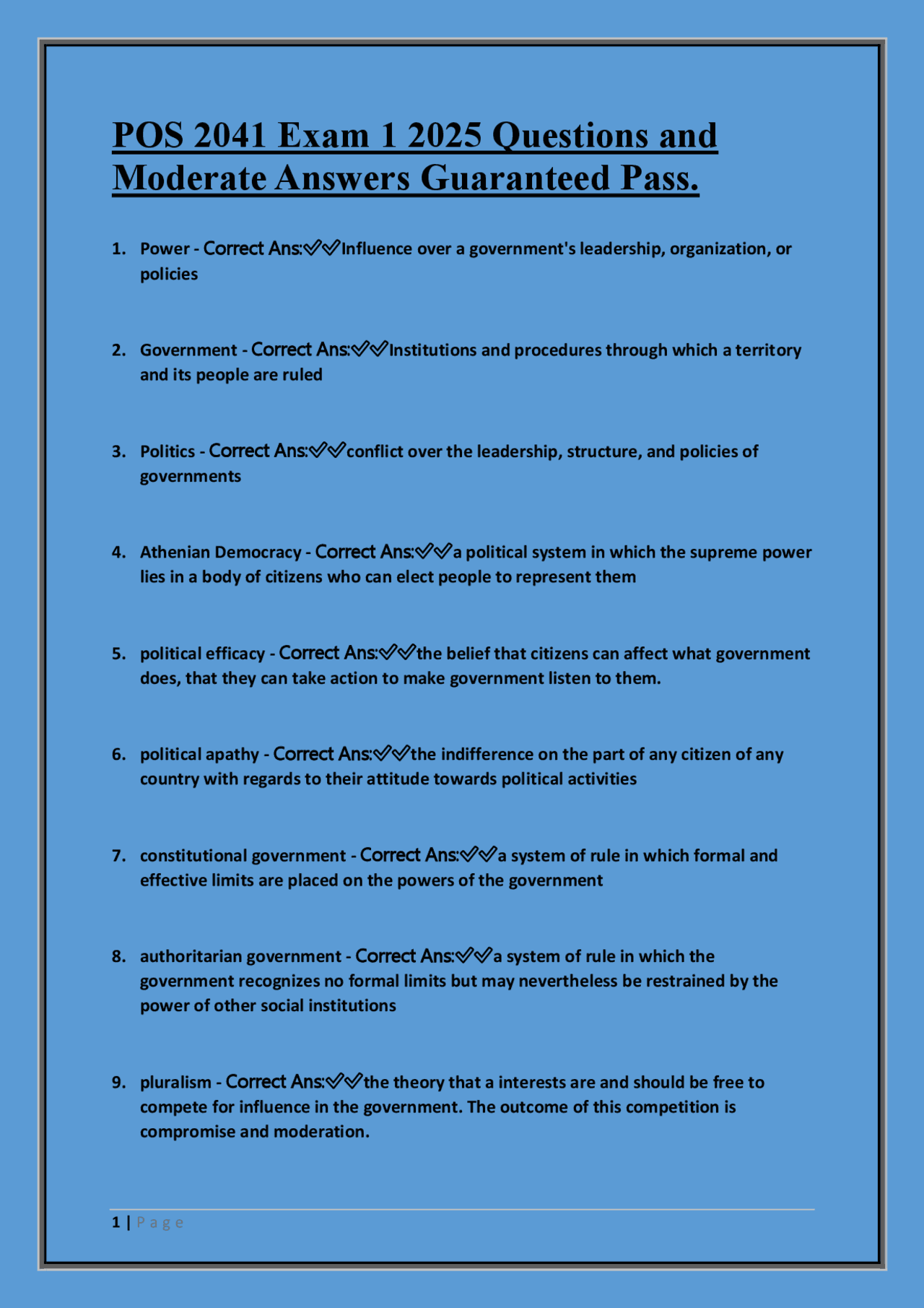 POS 2041 Exam 1 2025: Questions and Answers on American Government ...