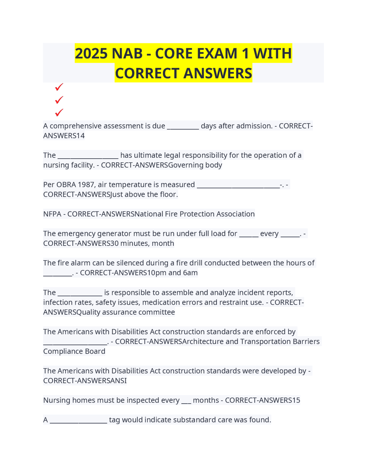 NAB Core Exam 1: Nursing Facility Regulations and Standards | Exams ...