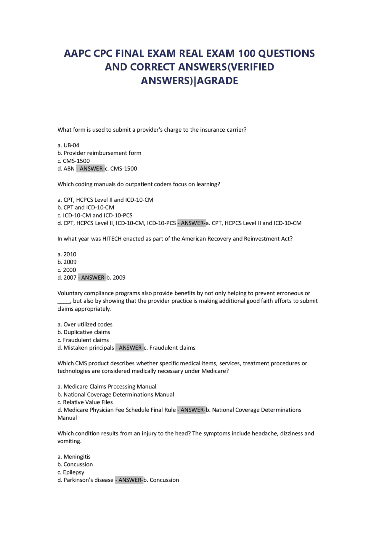 AAPC CPC Final Exam: 100 Questions and Answers (Verified) | Exams Medicine | Docsity