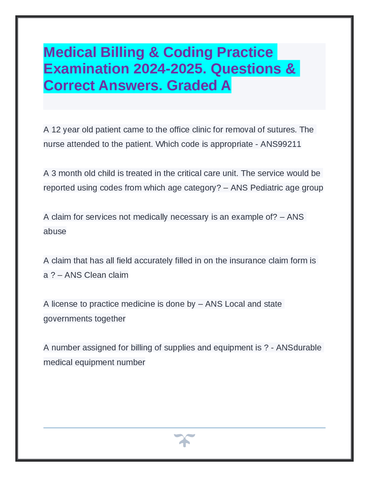 Medical Billing & Coding Practice Examination 2024-2025. Questions ...