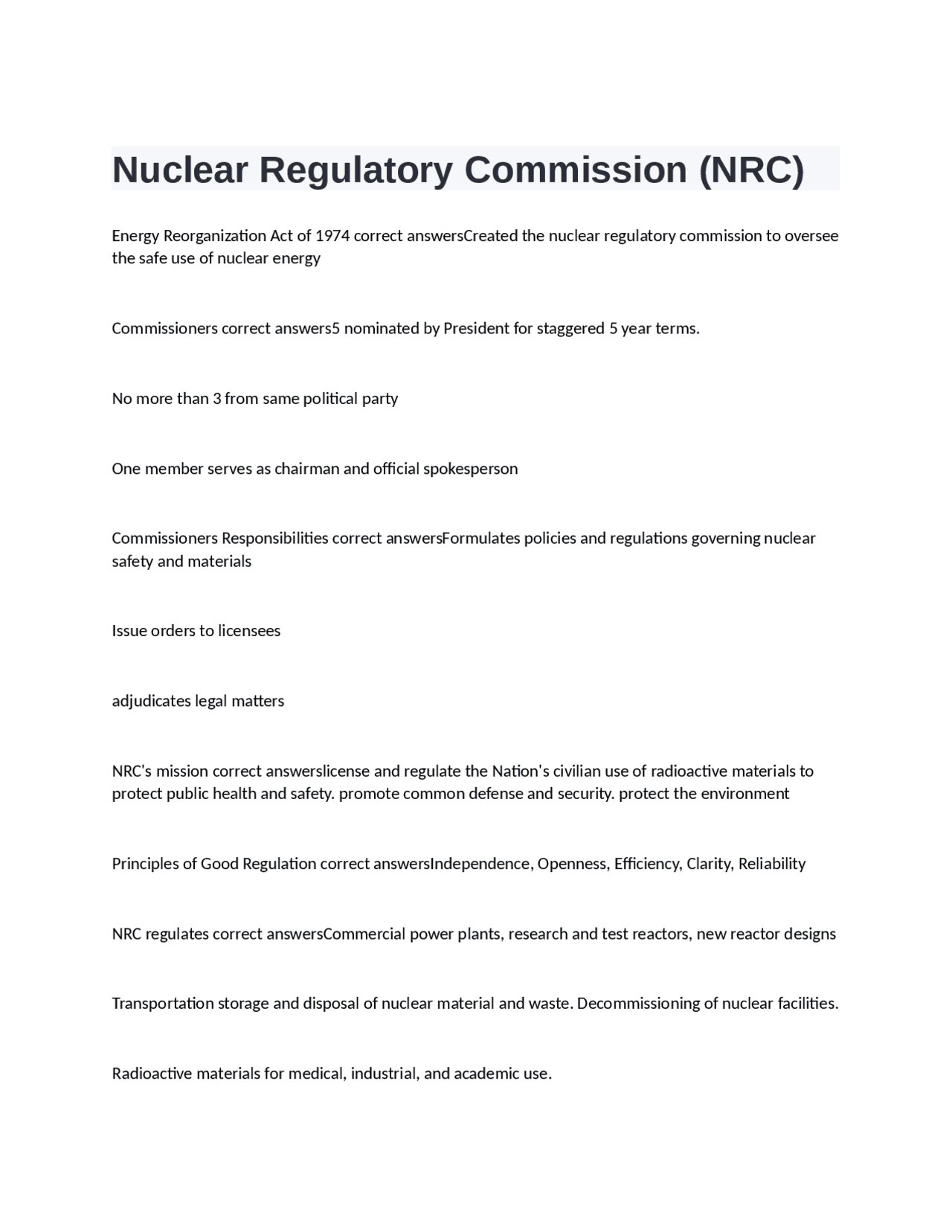 Nuclear Regulatory Commission Exam 2025 With 100% Quality Answers ...
