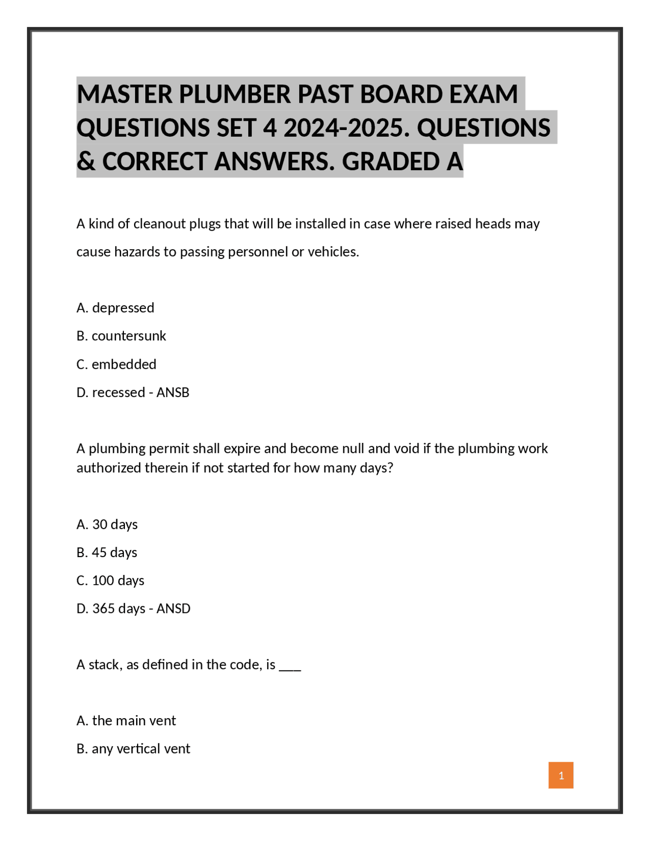 MASTER PLUMBER PAST BOARD EXAM QUESTIONS SET 4 2024-2025. QUESTIONS ...