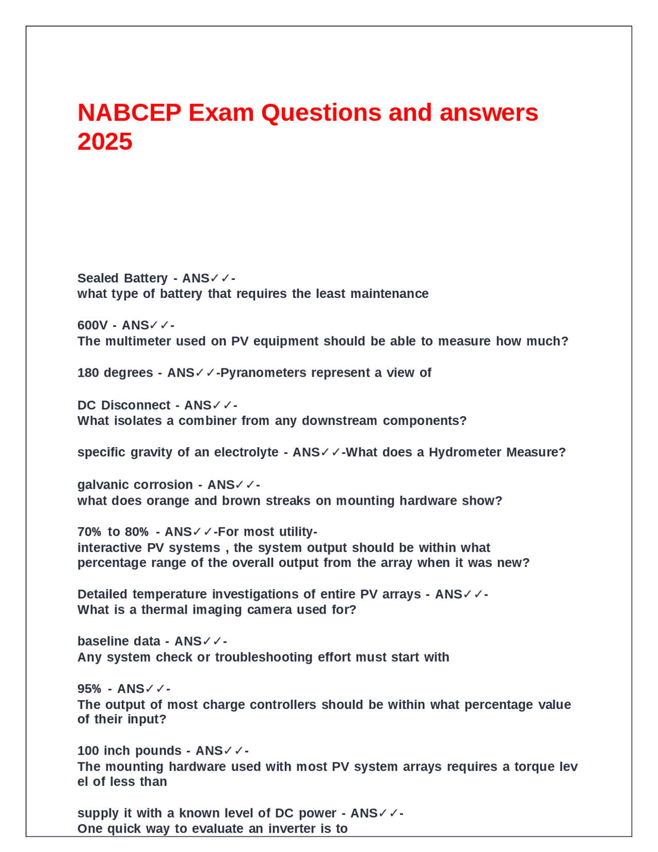 NABCEP Exam Questions and answers 2025. | Exams Mechanical Engineering ...