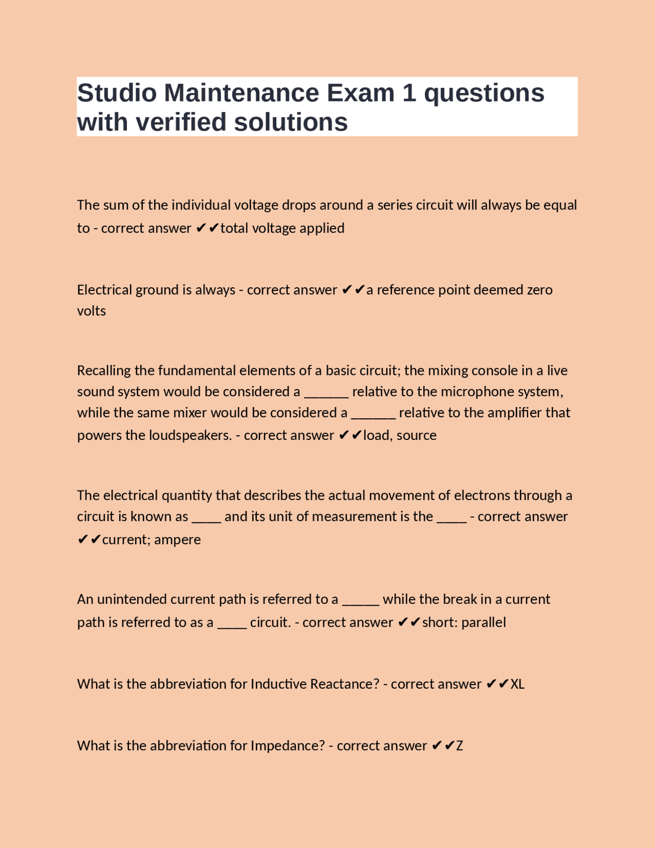 Studio Maintenance Exam 1: Questions and Answers | Exams Nursing | Docsity
