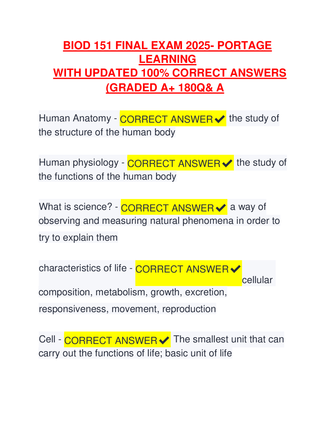 BIOD 151 Final Exam 2025 - Portage Learning: Human Anatomy and ...