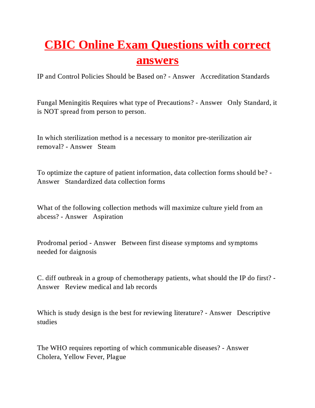 CBIC Online Exam Questions with correct answers | Exams Nursing | Docsity