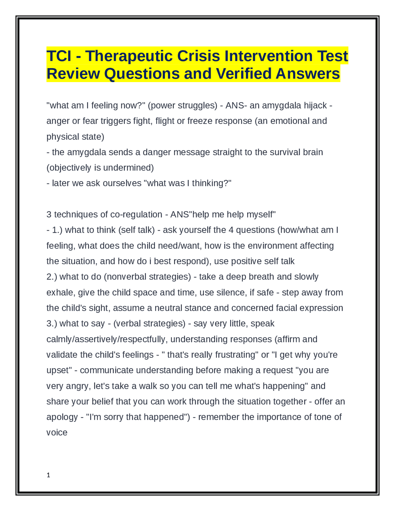 TCI - Therapeutic Crisis Intervention Test Review Questions and Answers ...