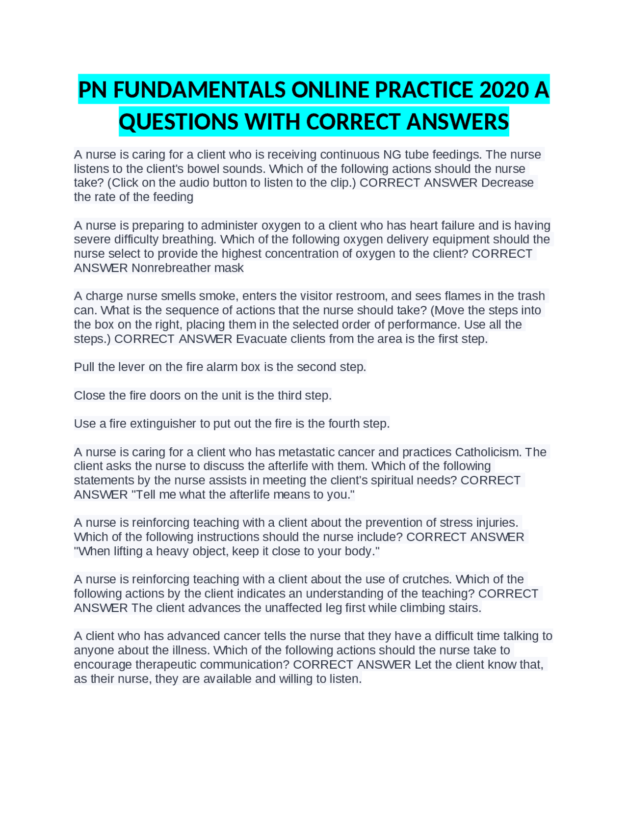 PN FUNDAMENTALS ONLINE PRACTICE 2020 A QUESTIONS WITH CORRECT ANSWERS ...