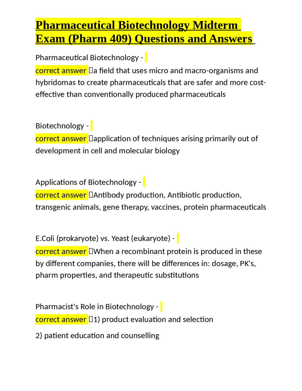 Pharmaceutical Biotechnology Midterm Exam (Pharm 409) Questions and ...