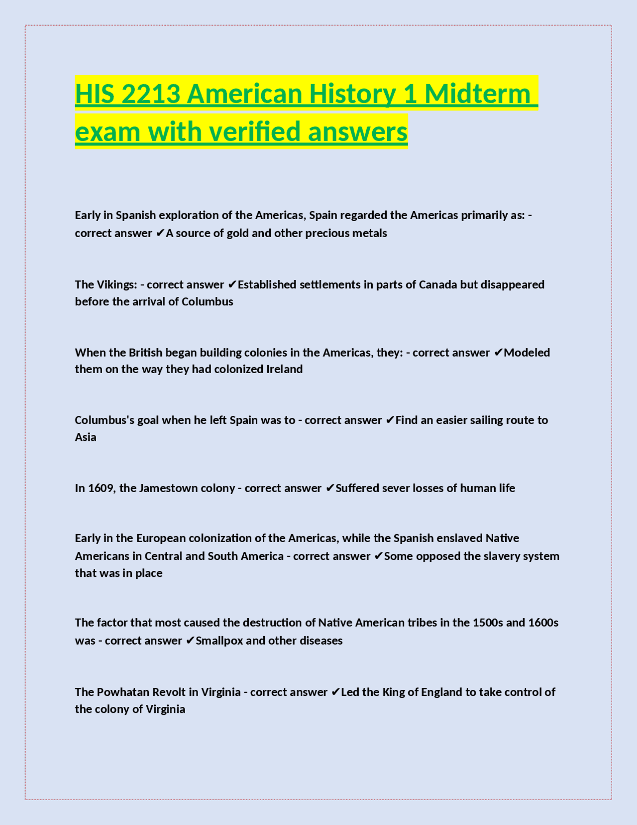 HIS 2213 American History 1 Midterm exam with verified answers | Exams ...