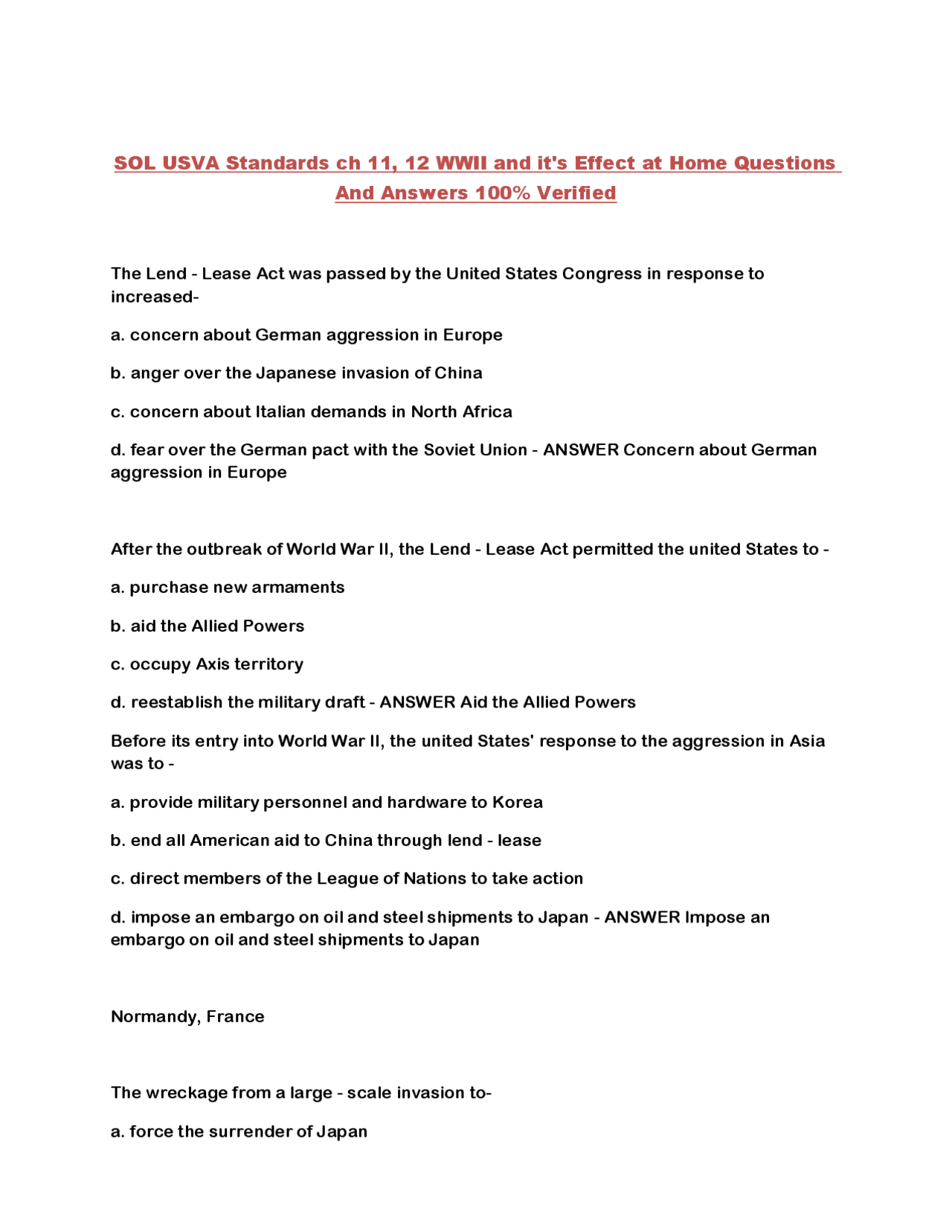 World War II: Impact on the United States - Multiple Choice Questions ...