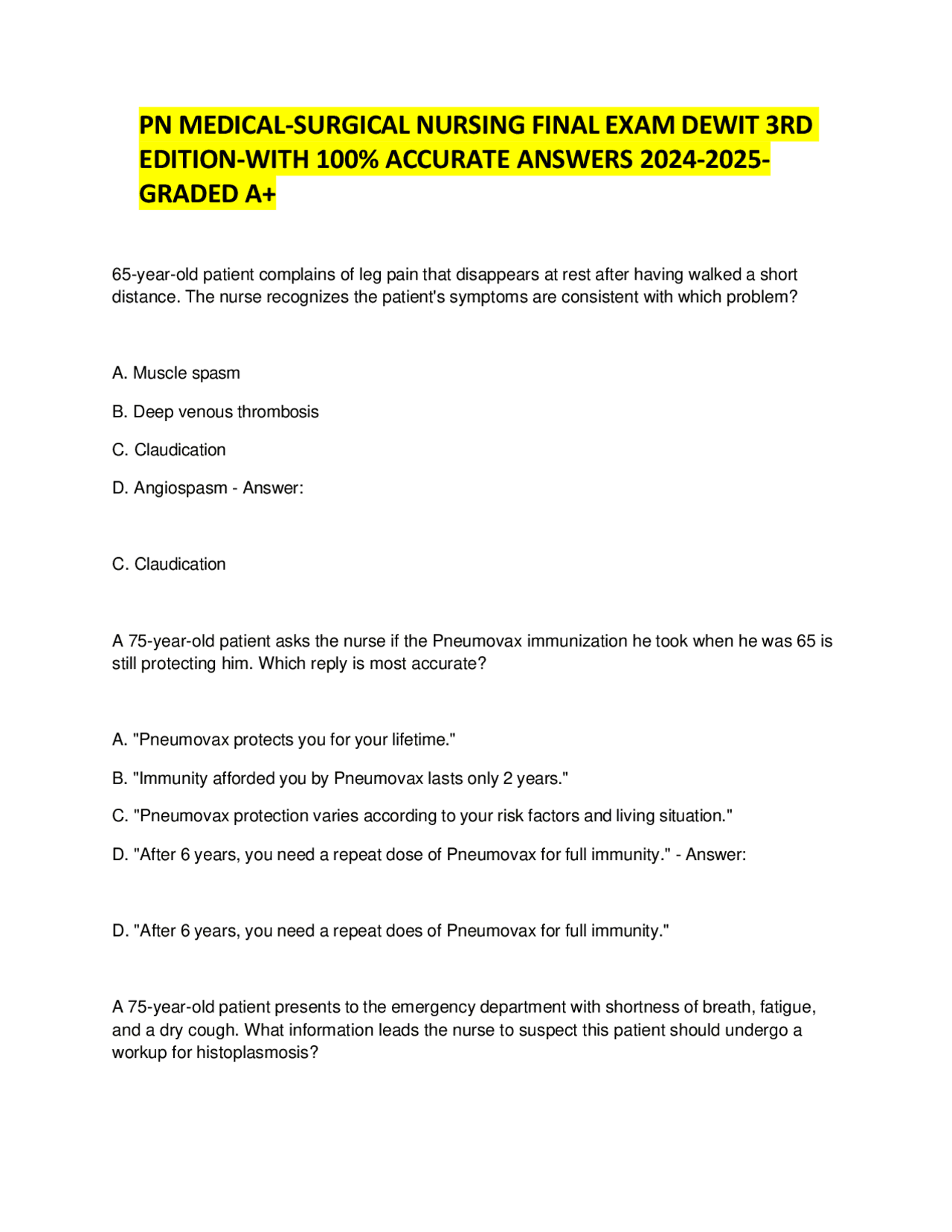 Medical-Surgical Nursing Final Exam Questions and Answers | Exams ...